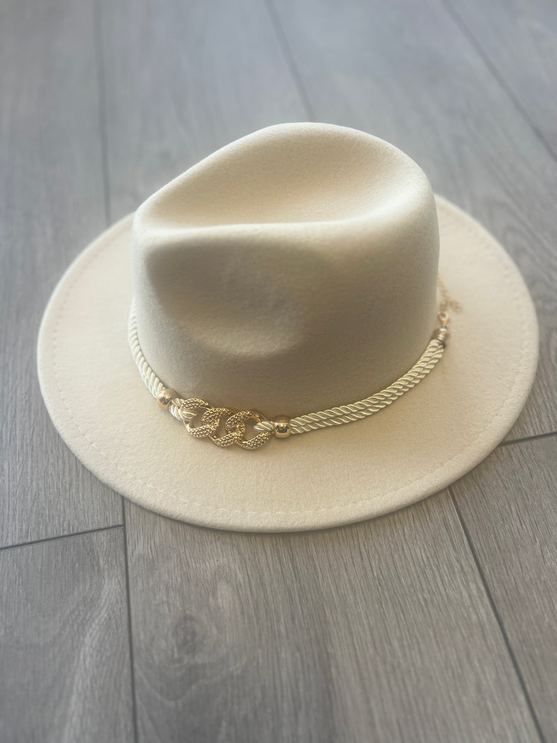 Cream Suedette Fedora Hat With Rope & Chain Detail