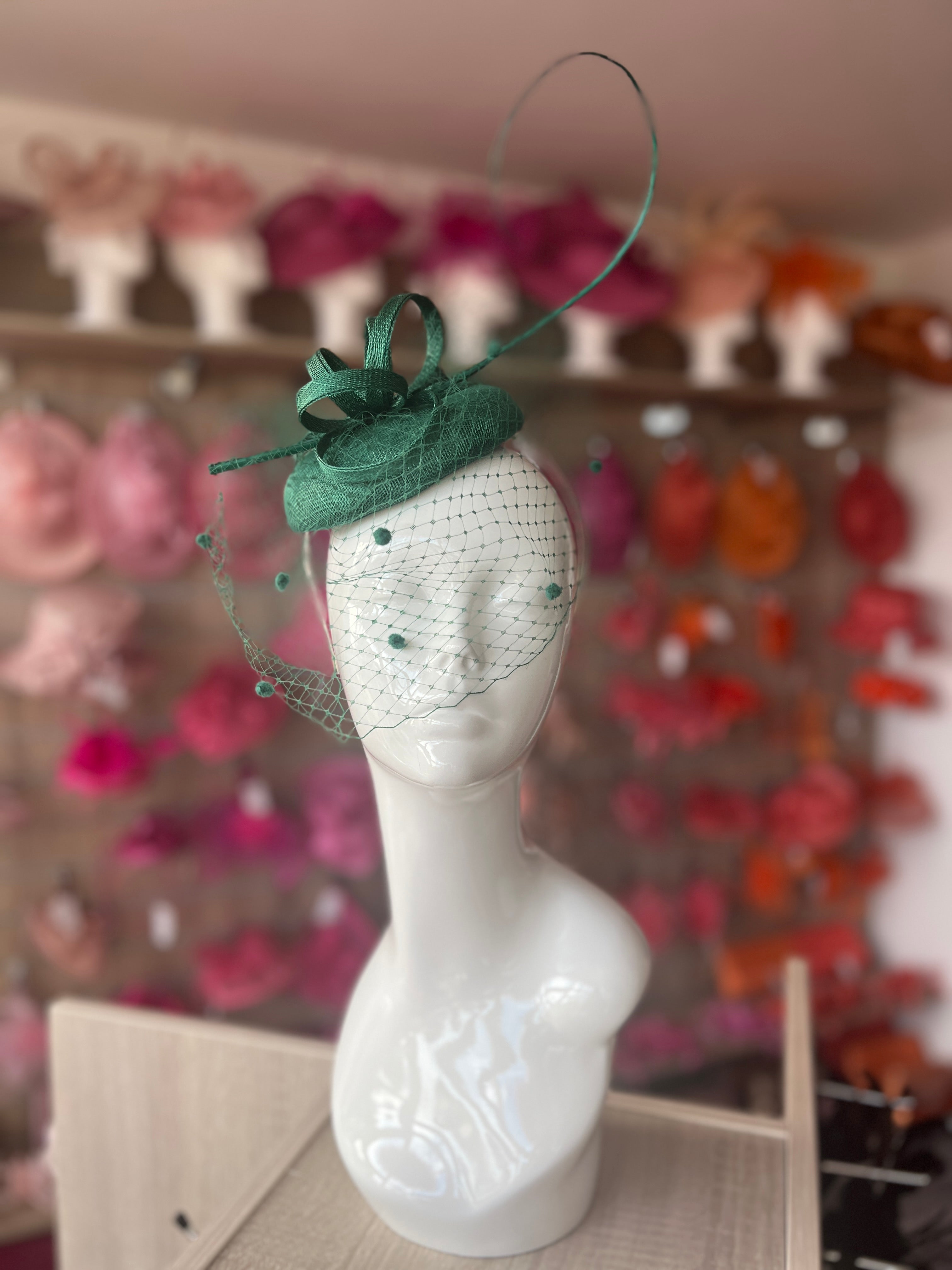 Emerald Green Pillbox Hat with Veil & Curled Quill