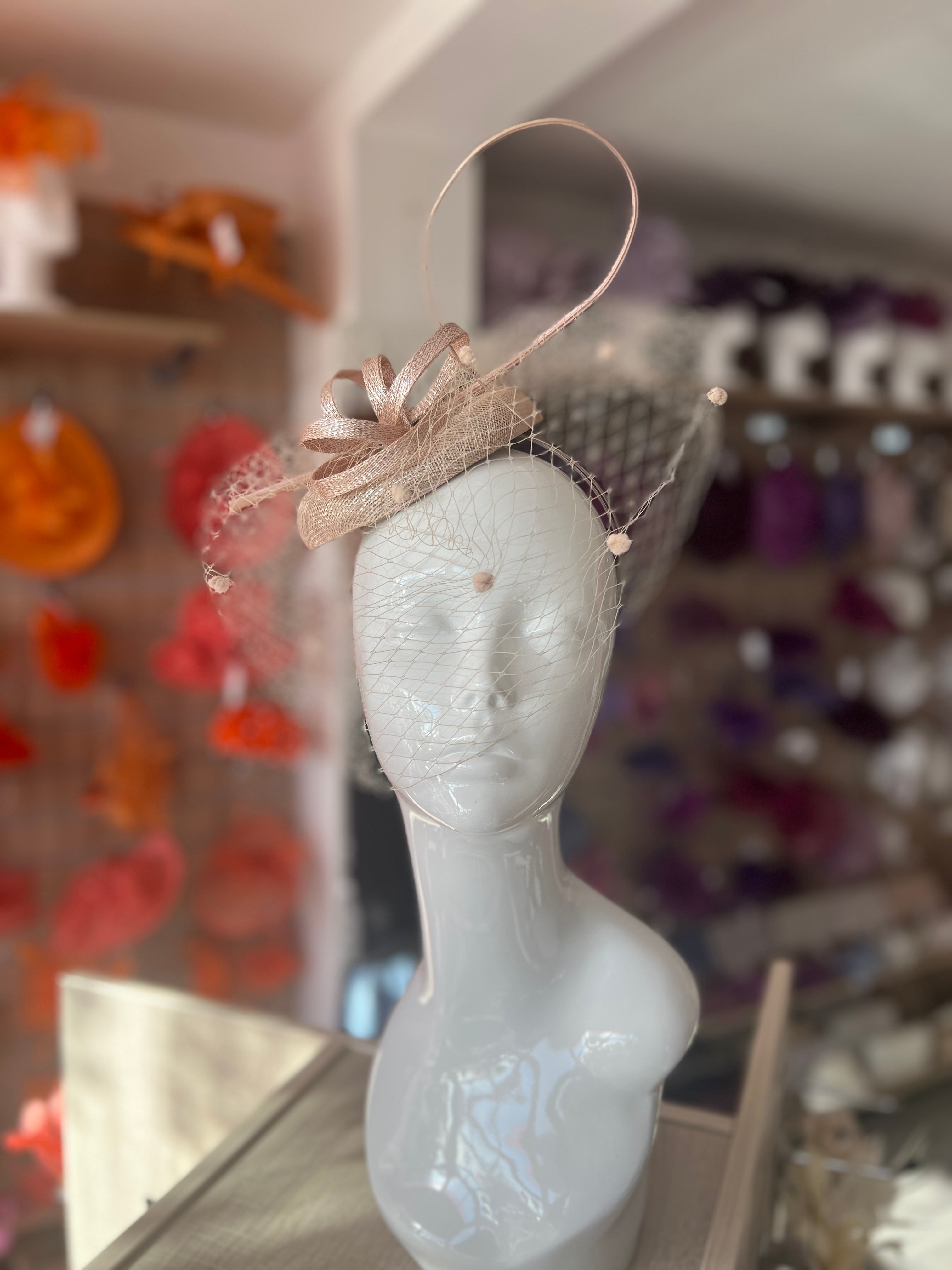 Metallic Nude Pillbox Hat with Veil & Curled Quill