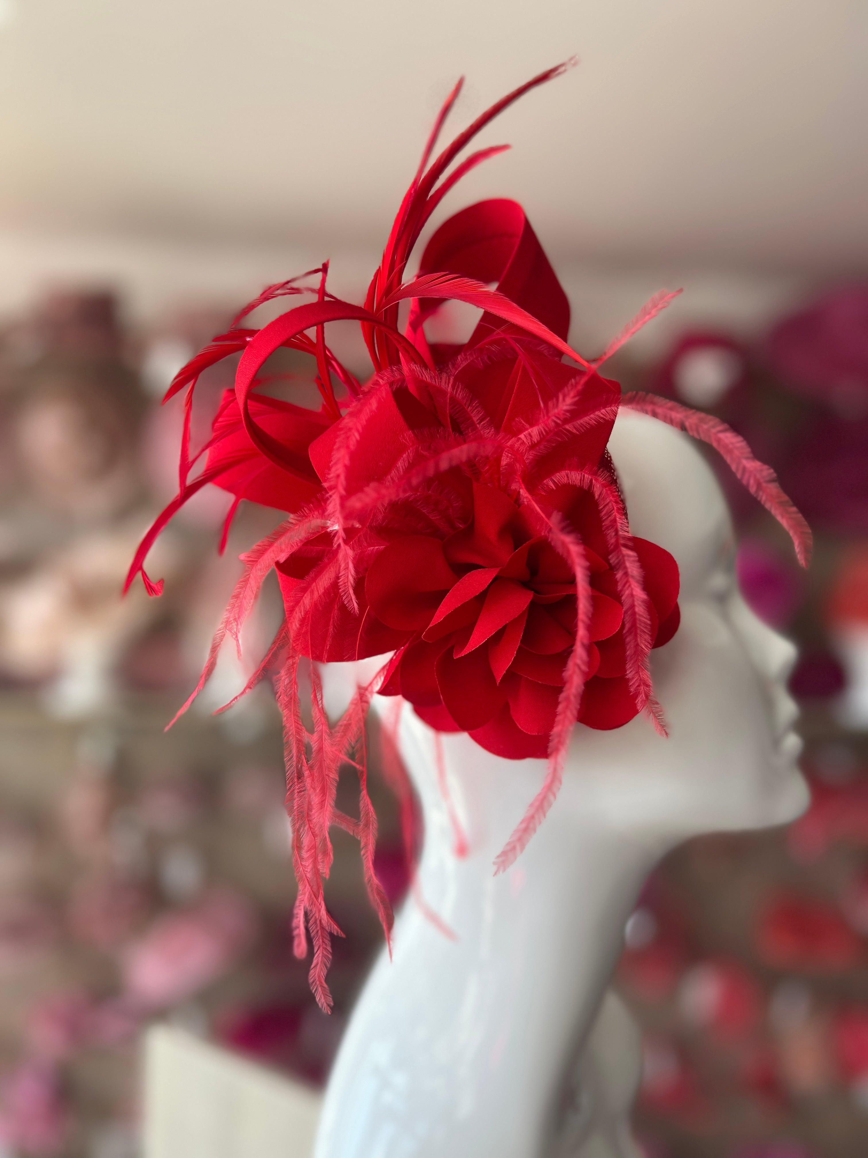 Red Flower Fascinator with Looped Ribbons Wispy Feathers