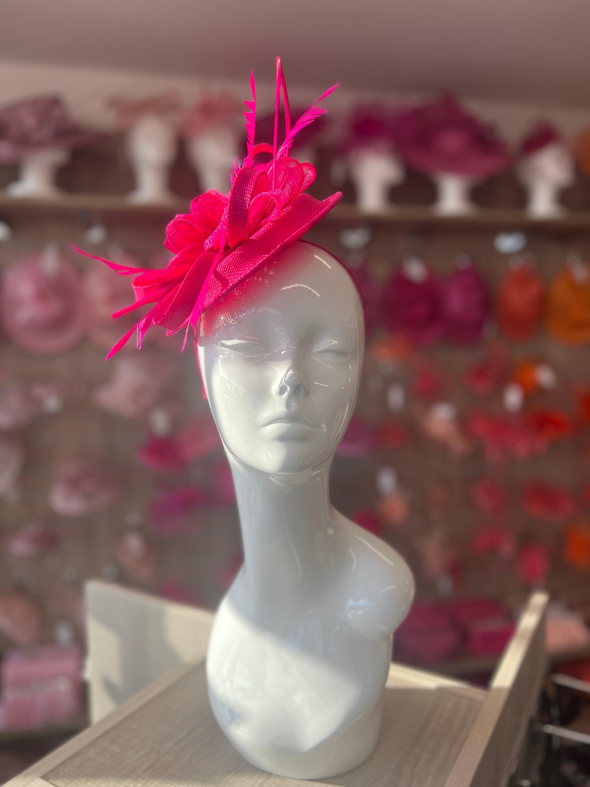 Sinamay Fuchsia Pink Round Base Fascinator with Twirl Flower and Feath