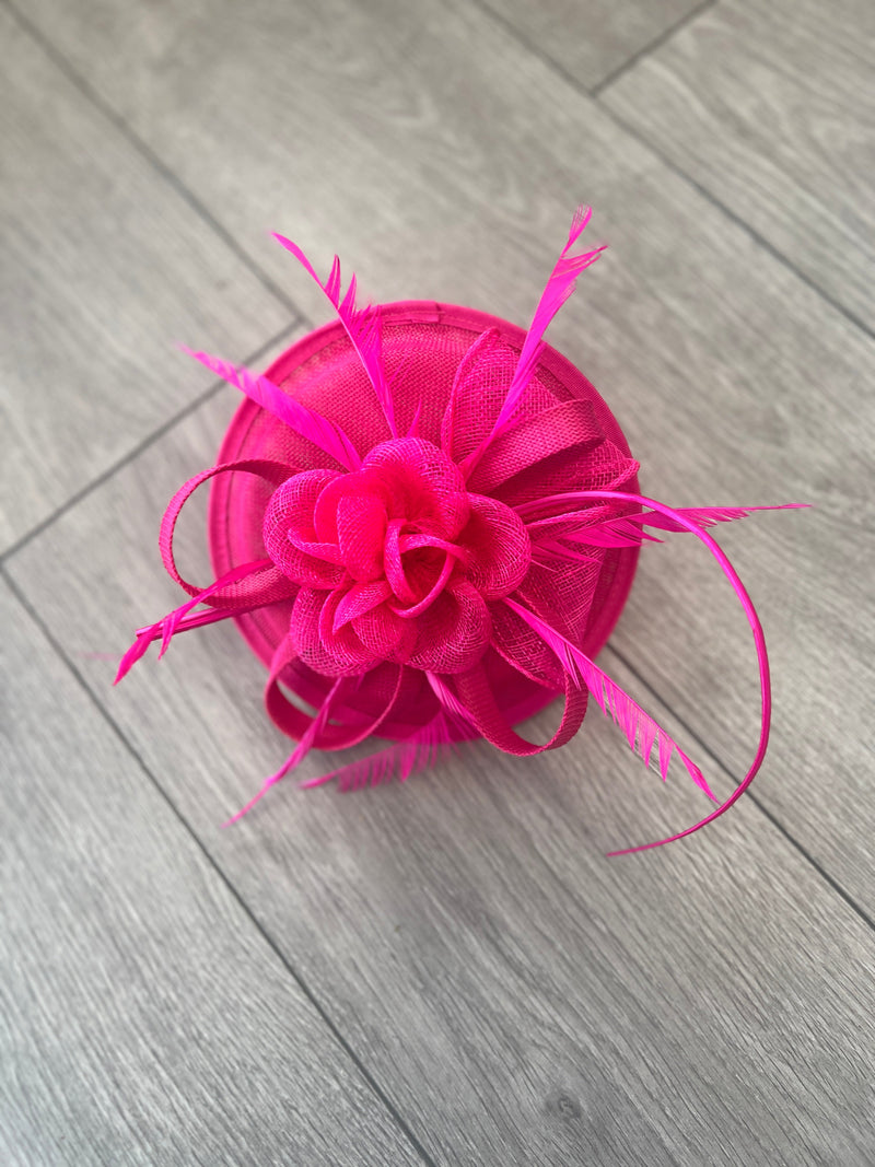 Sinamay Fuchsia Pink Round Base Fascinator with Twirl Flower and Feath