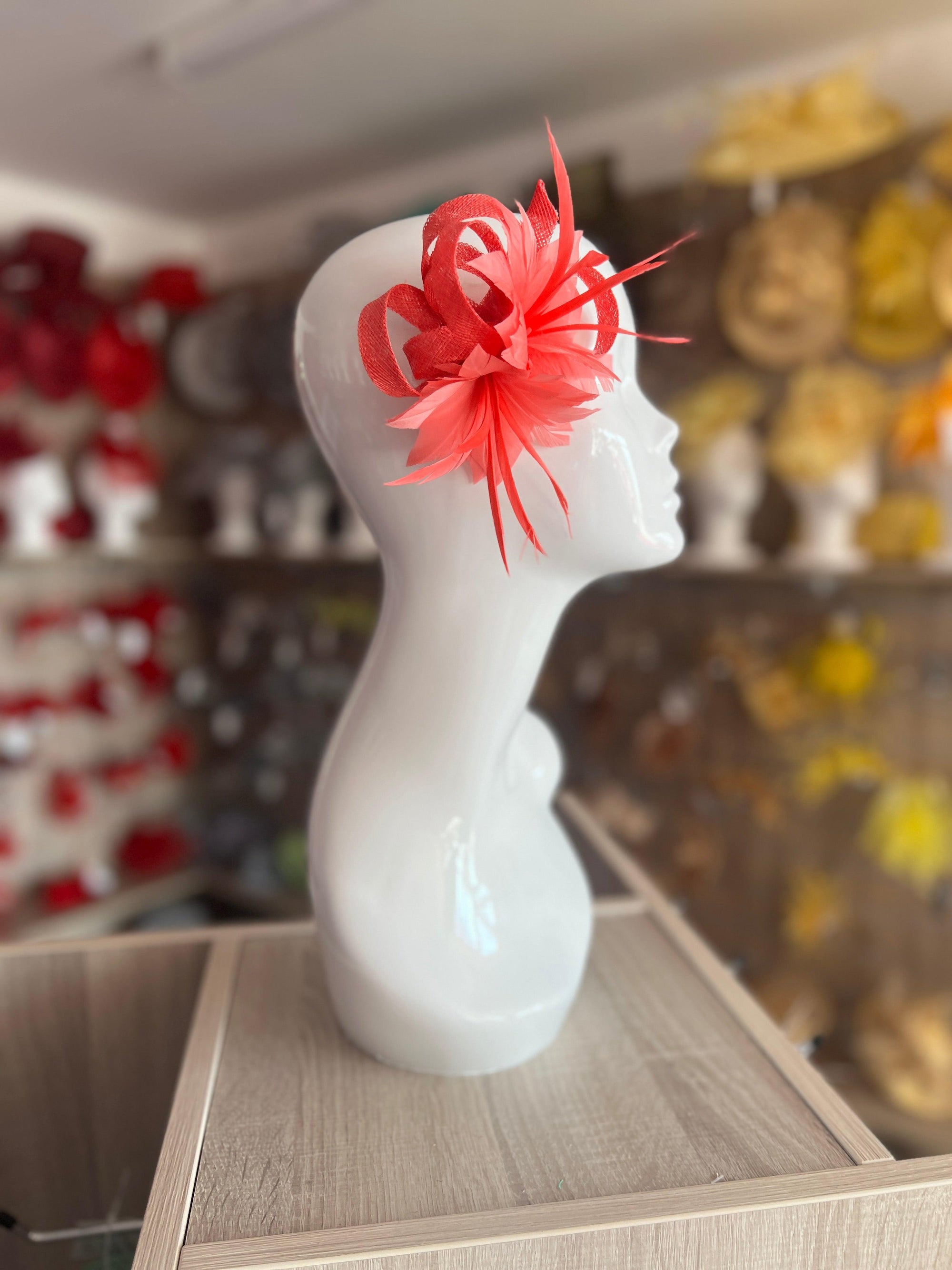 Small Coral Fascinator Clip with Feathers & Loops