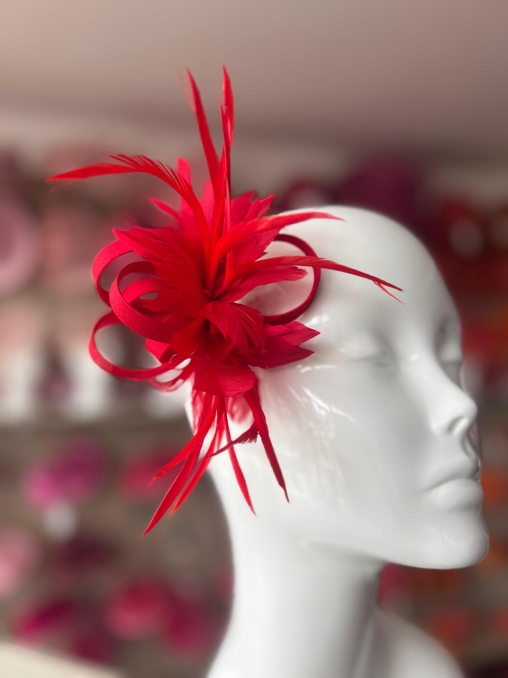 Small Red Fascinator Clip for Weddings with Feathers & Satin Loops