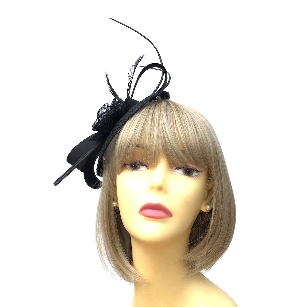 Black Disc Fascinator with Ribbons, Quills & Feathers