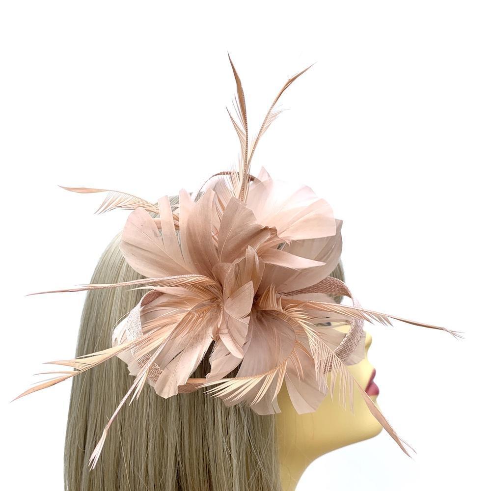 Clip On Beige Fascinator with Loops & Feather Flower