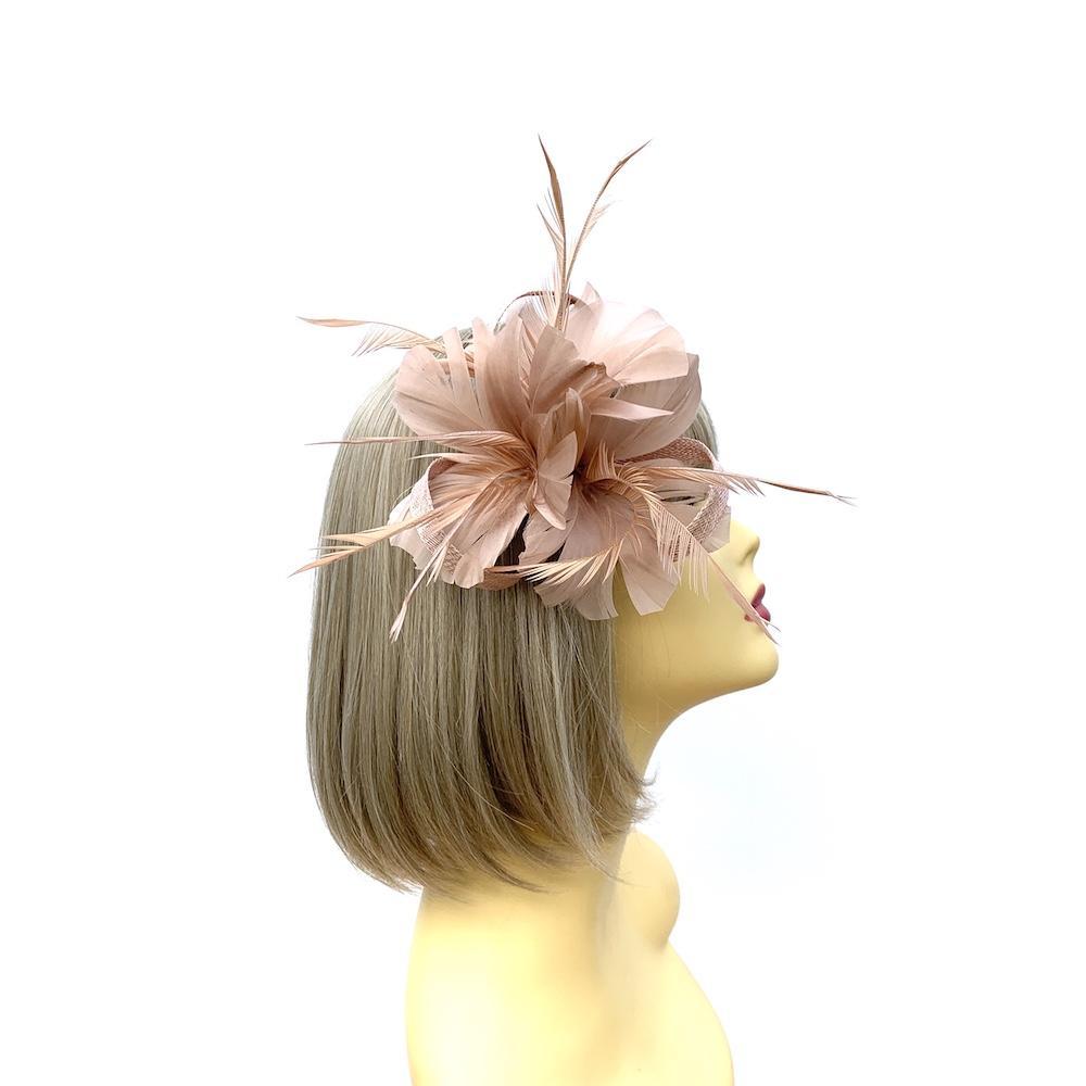 Clip On Beige Fascinator with Loops & Feather Flower