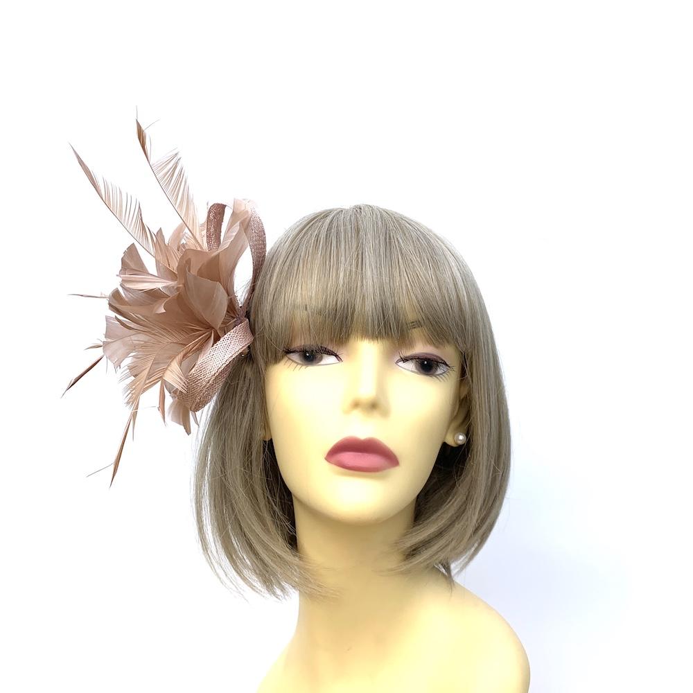 Clip On Beige Fascinator with Loops & Feather Flower