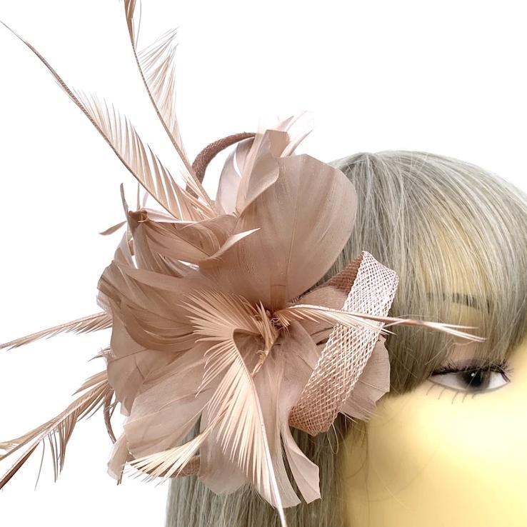 Clip On Beige Fascinator with Loops & Feather Flower