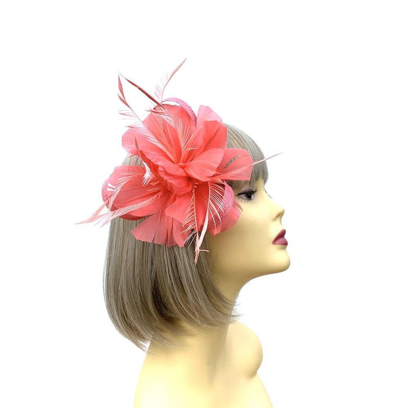 Clip On Salmon Pink Fascinator with Loops & Feather Flower