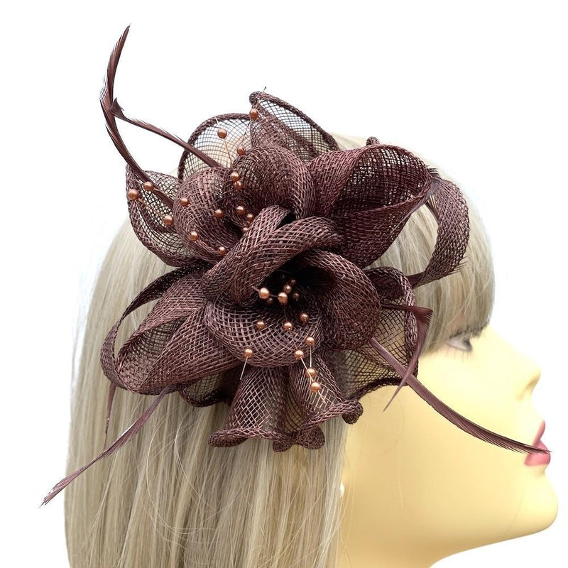 Coffee Brown Small Fascinator with Decorative Beads & Feathers
