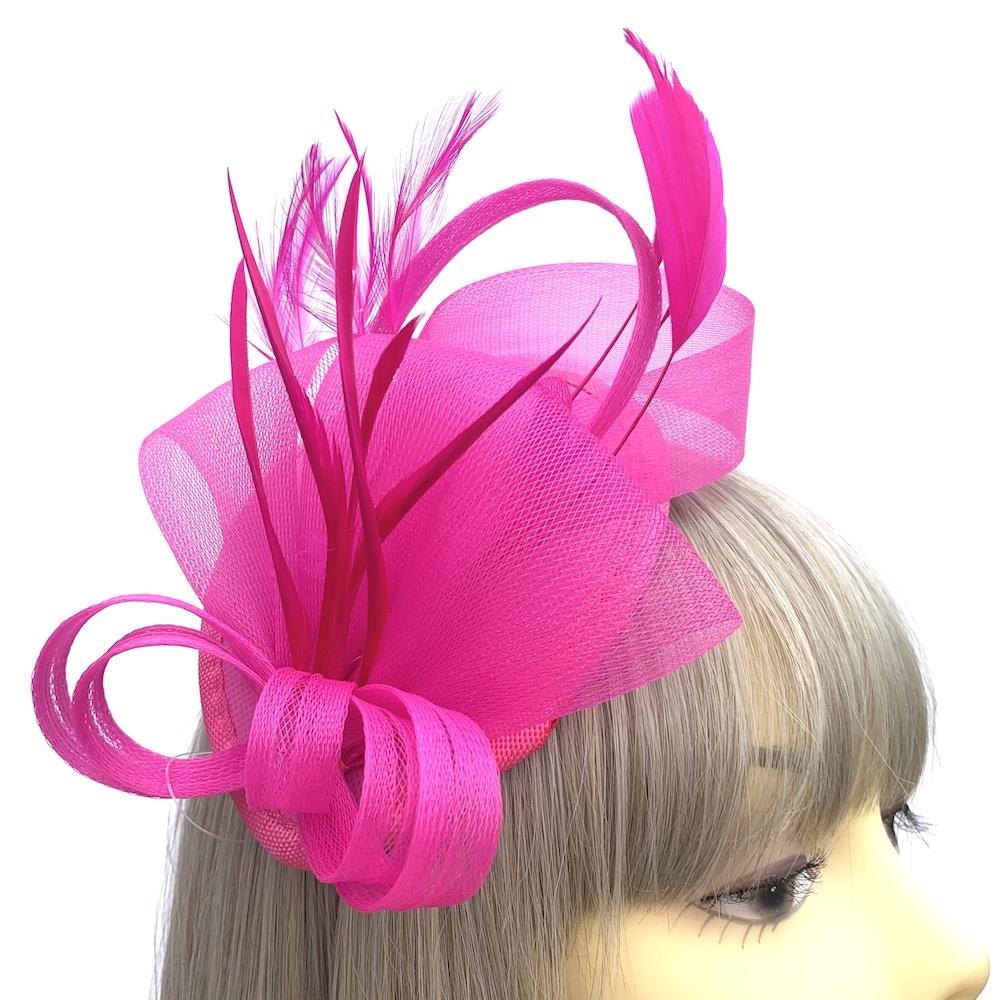 Fuchsia Fascinator Headband for Weddings with Looped Crin & Feathers