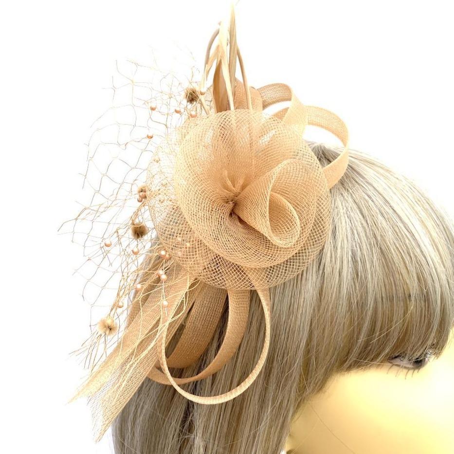 Light Gold Crinoline Fascinator with Beads, Loops & Netting