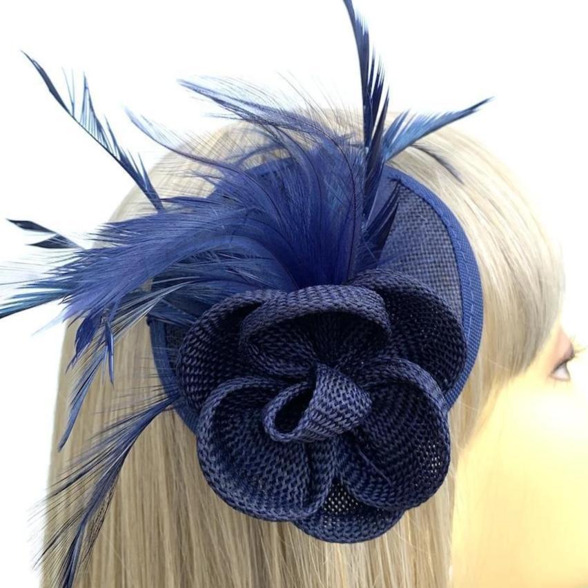 Navy Blue Disc Fascinator with Flower & Feathers for Weddings, Races