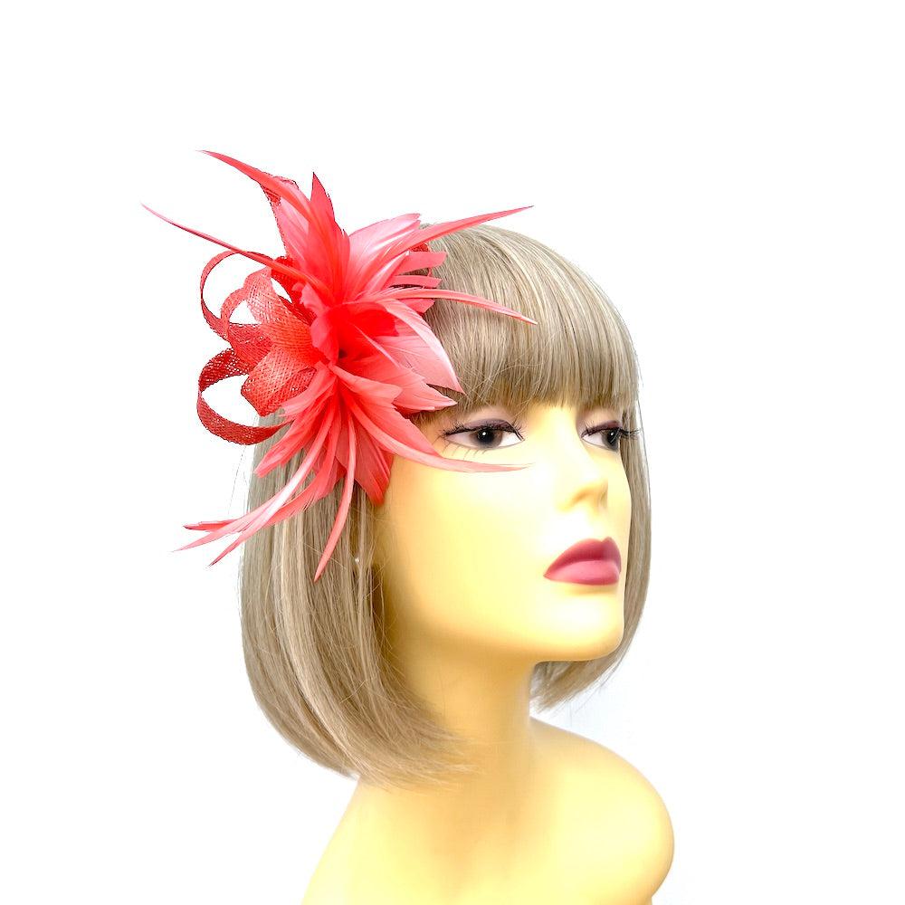 Small Coral Fascinator Clip with Feathers & Loops
