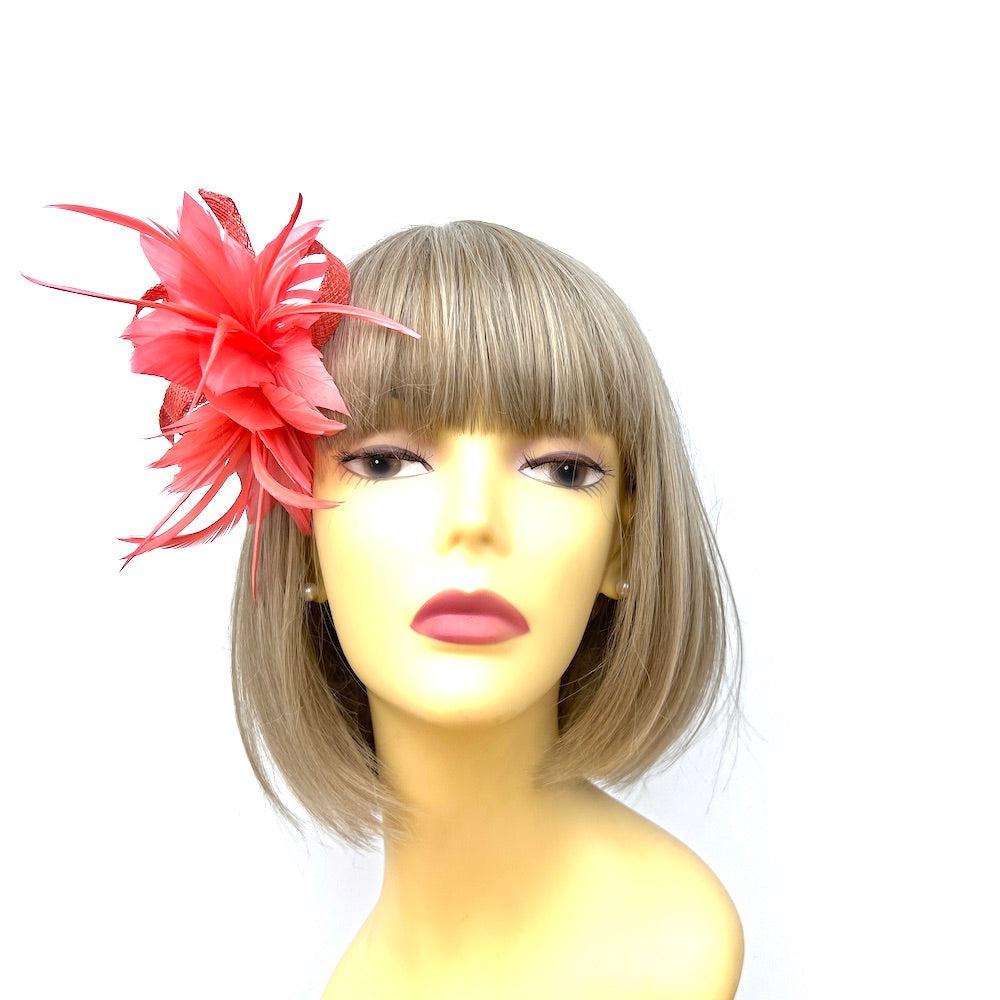 Small Coral Fascinator Clip with Feathers & Loops