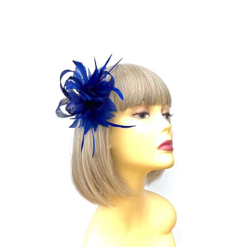 Small Royal Blue Fascinator Clip with Feathers & Loops