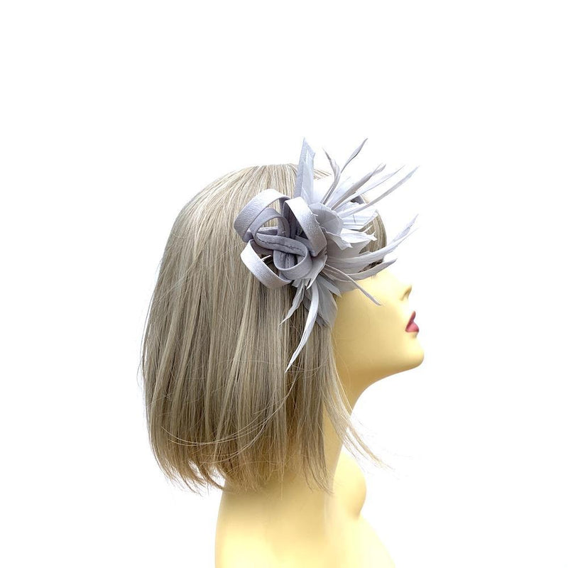 Small Silver Fascinator Clip for Weddings with Feathers & Satin Loops