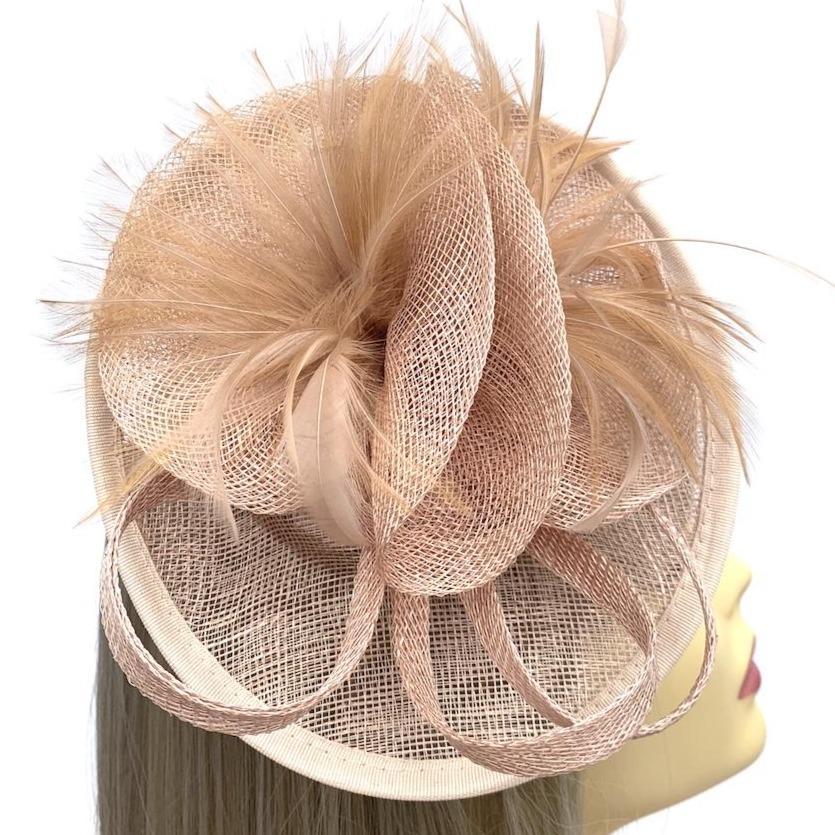 Wispy Feather & Twisted Sinamay Camel Disc Fascinator for Weddings